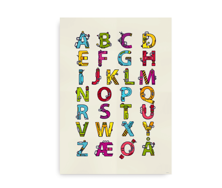 ABC plakat med "tech". Alfabetplakat med bogstaver i maskin-/techstil