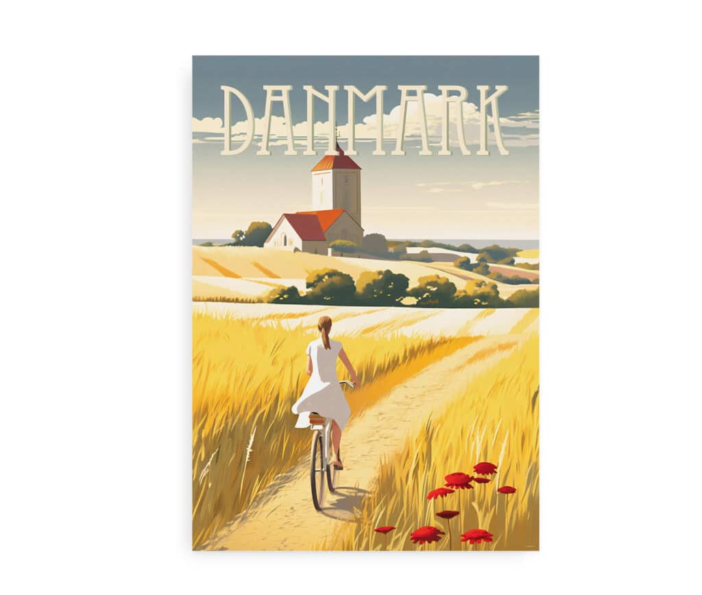 Danmark retro plakat | Dansk landskab med kornmarker