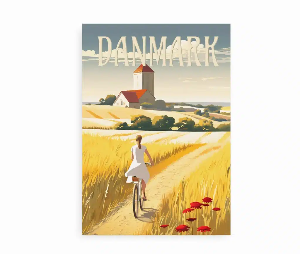 Danmark plakat med kvinde på cykel i dansk sommerlandskab