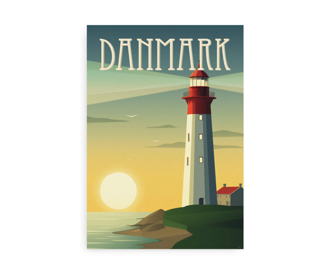 Danmarks fyrtårne | Dansk plakat | Kystlandskab ved solnedgang