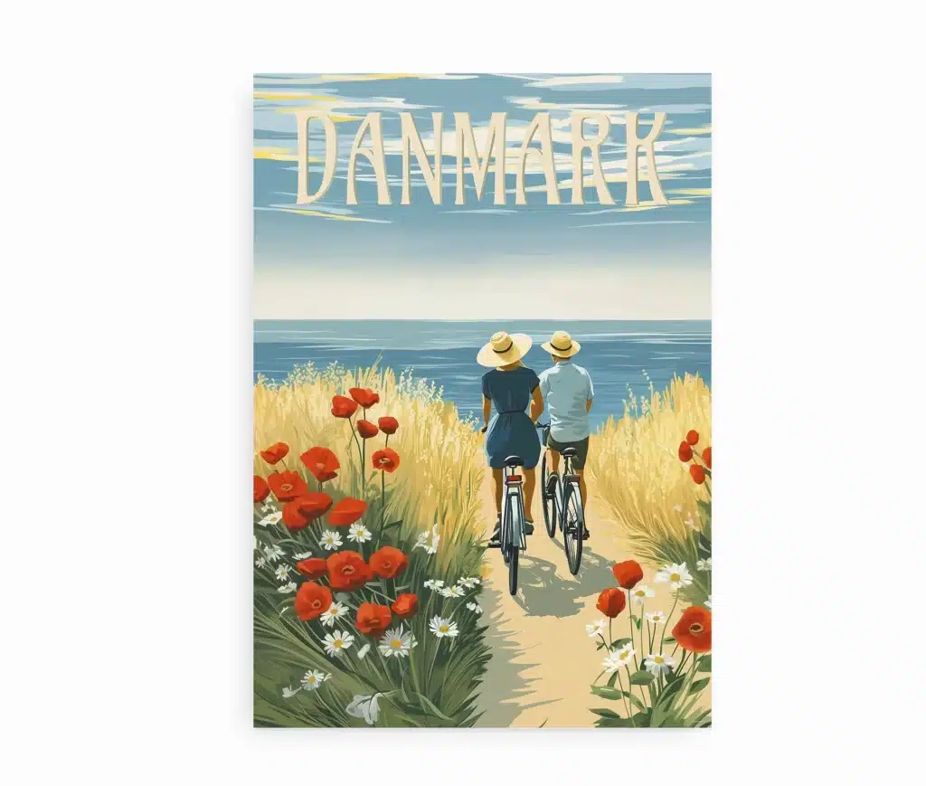 Danmark plakat – Par på cykel ved kysten | Navneleg.dk